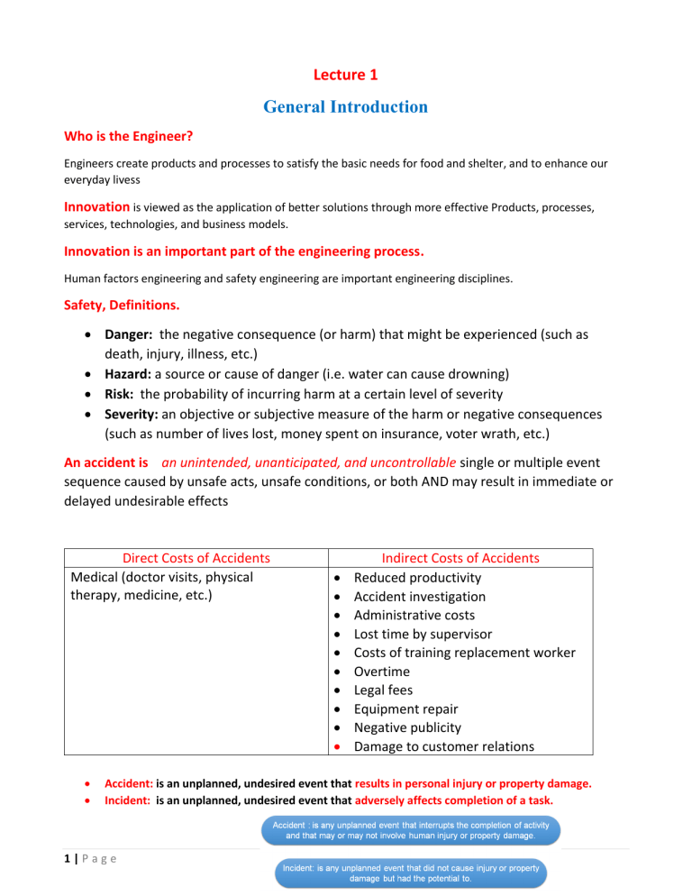 Safety Engineering Lecture Notes: Hazards, Risks, Accidents & Control