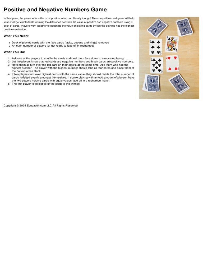 Positive and Negative Numbers Card Game for Kids | Math Activity