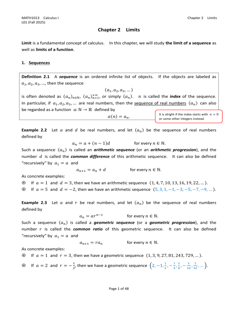 MATH1013 Calculus I: Chapter 2 Limits & Sequences (Fall 2025)