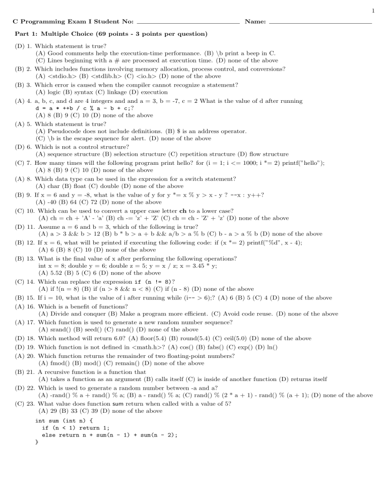C Programming Exam I - Multiple Choice & Coding Questions