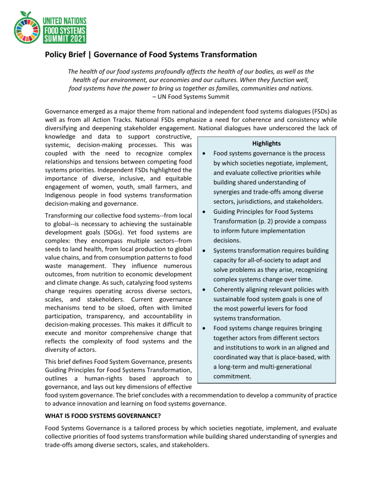 Food Systems Governance: Policy & Transformation Principles
