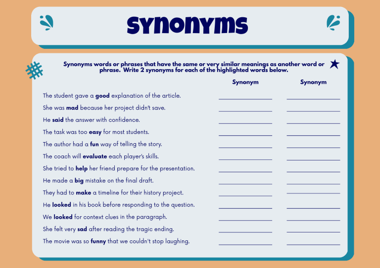 Synonyms Worksheet: English Vocabulary Practice for Students