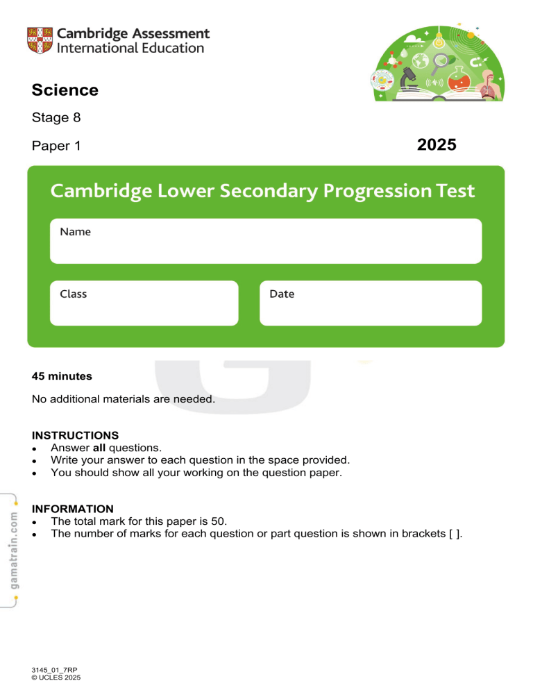 Science Stage 8 Paper 1 2025 - Cambridge Lower Secondary Exam