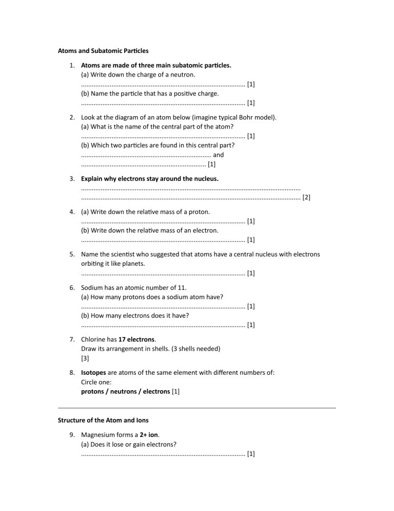 Atoms, Ions & Reactions Worksheet: Chemistry Practice