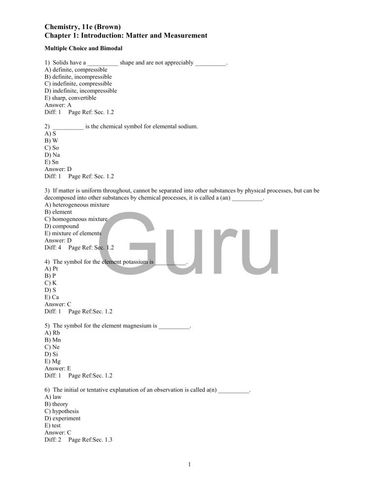 Chemistry Chapter 1: Matter & Measurement Multiple Choice Questions