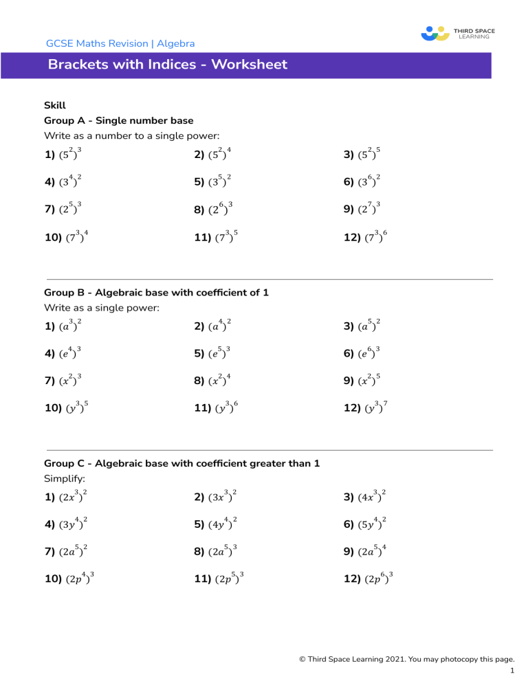 GCSE Maths Algebra Worksheet: Brackets with Indices Practice