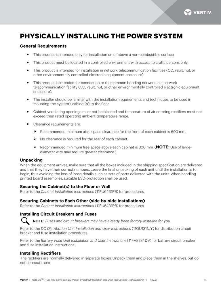 Vertiv Power System Installation Guide: Physical Setup & Requirements