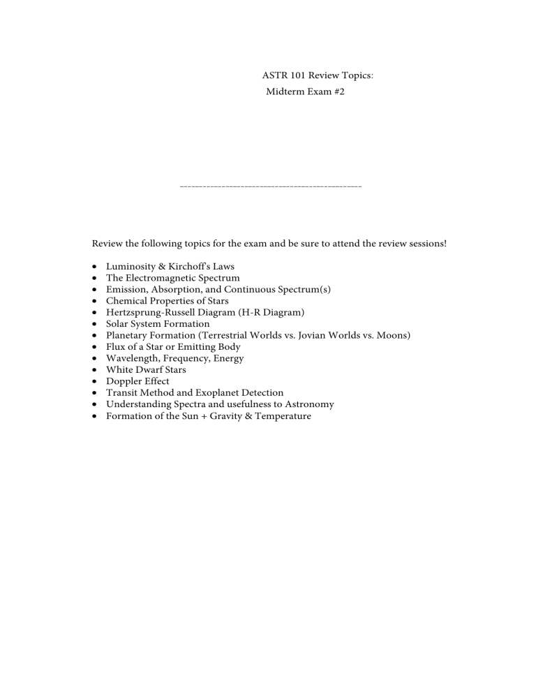 ASTR 101 Midterm Exam 2 Review Topics & Practice Questions