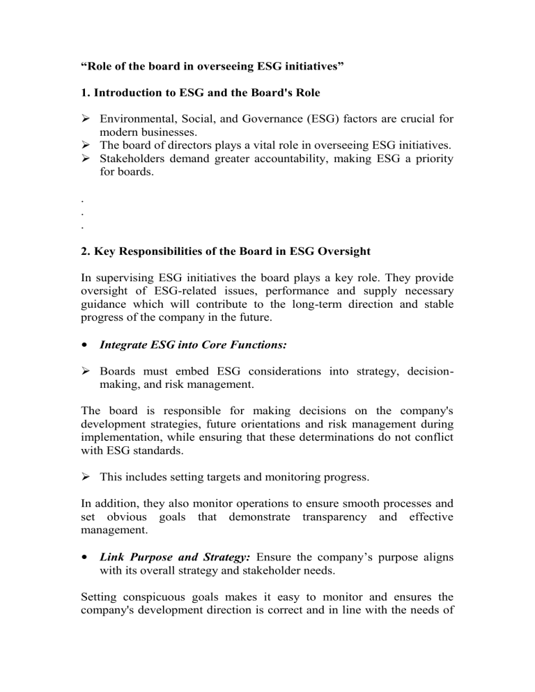 Role of the Board in ESG Oversight: Responsibilities & Best Practices