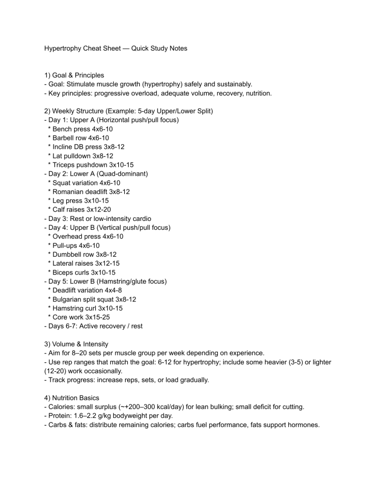 Hypertrophy Cheat Sheet: Muscle Growth Workout & Nutrition Guide