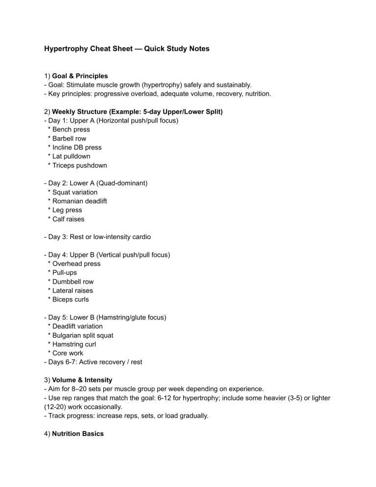 Hypertrophy Cheat Sheet: Quick Study Notes for Muscle Growth