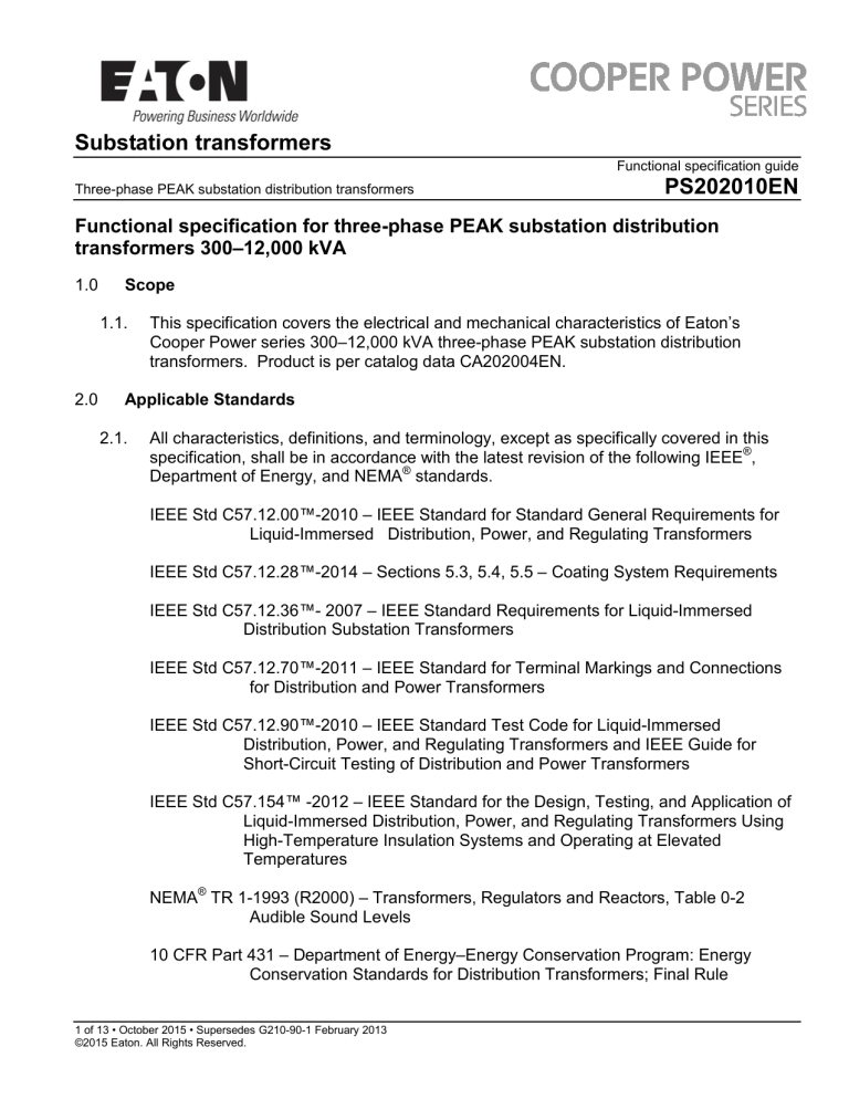 Eaton Three-Phase PEAK Substation Transformers Functional Spec Guide