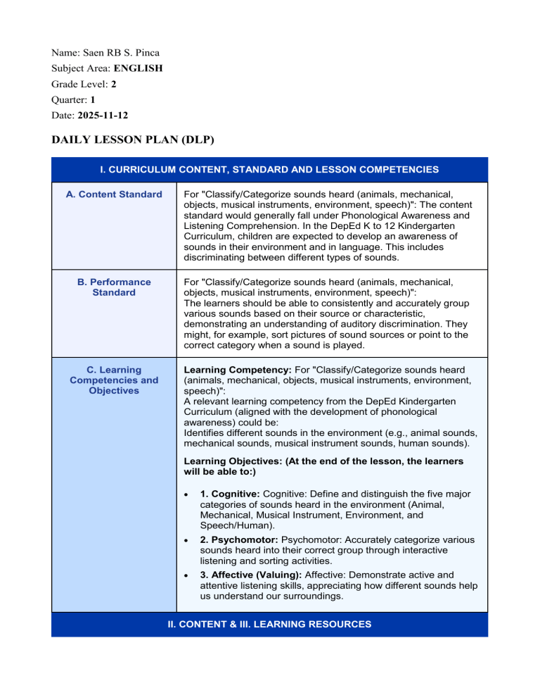 Grade 2 English DLP: Classifying Environmental Sounds Lesson Plan