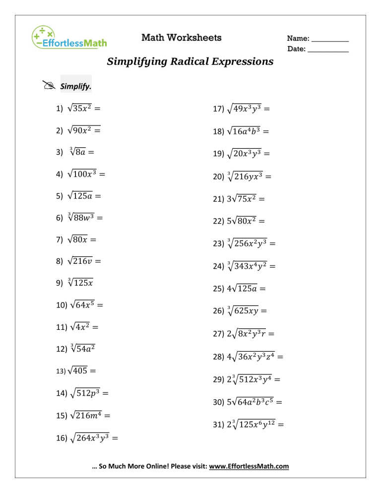 Simplifying Radical Expressions Math Worksheet | Effortless Math