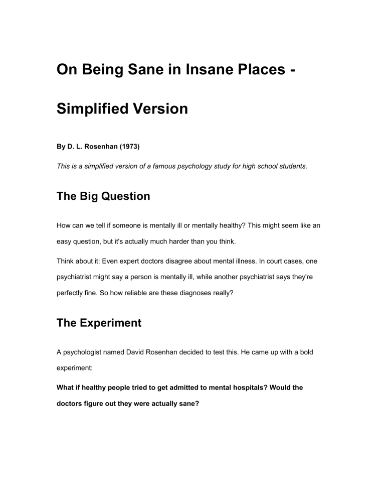 Rosenhan Experiment: Sane in Insane Places - Mental Health Diagnosis