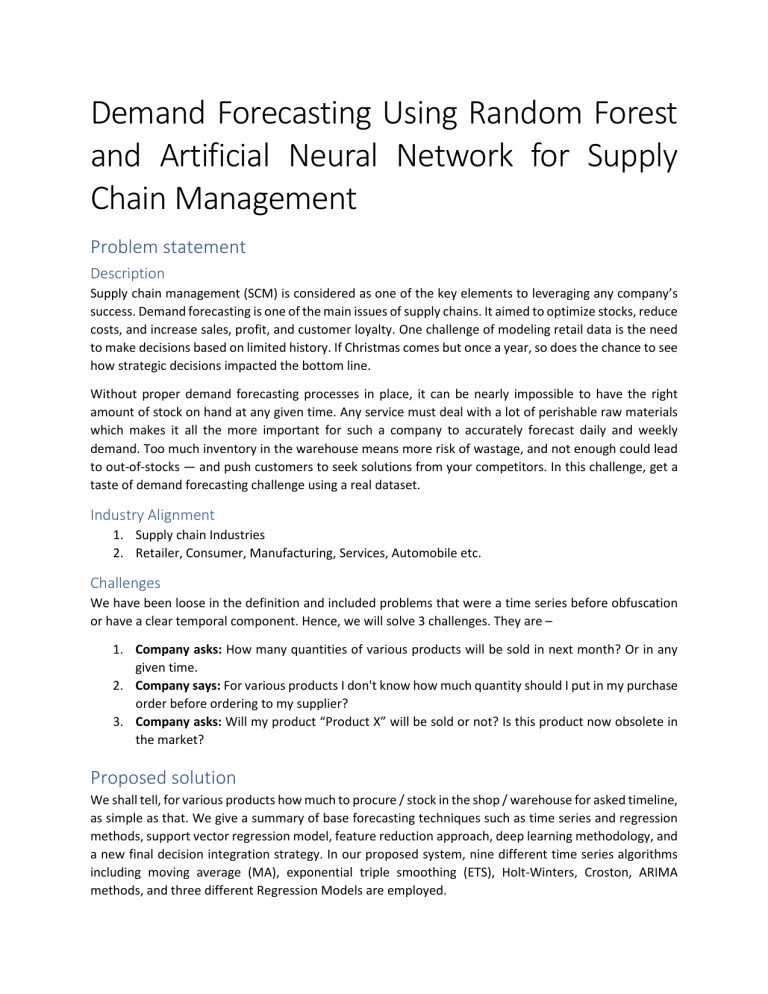 Demand Forecasting with Random Forest & ANN for Supply Chain Management