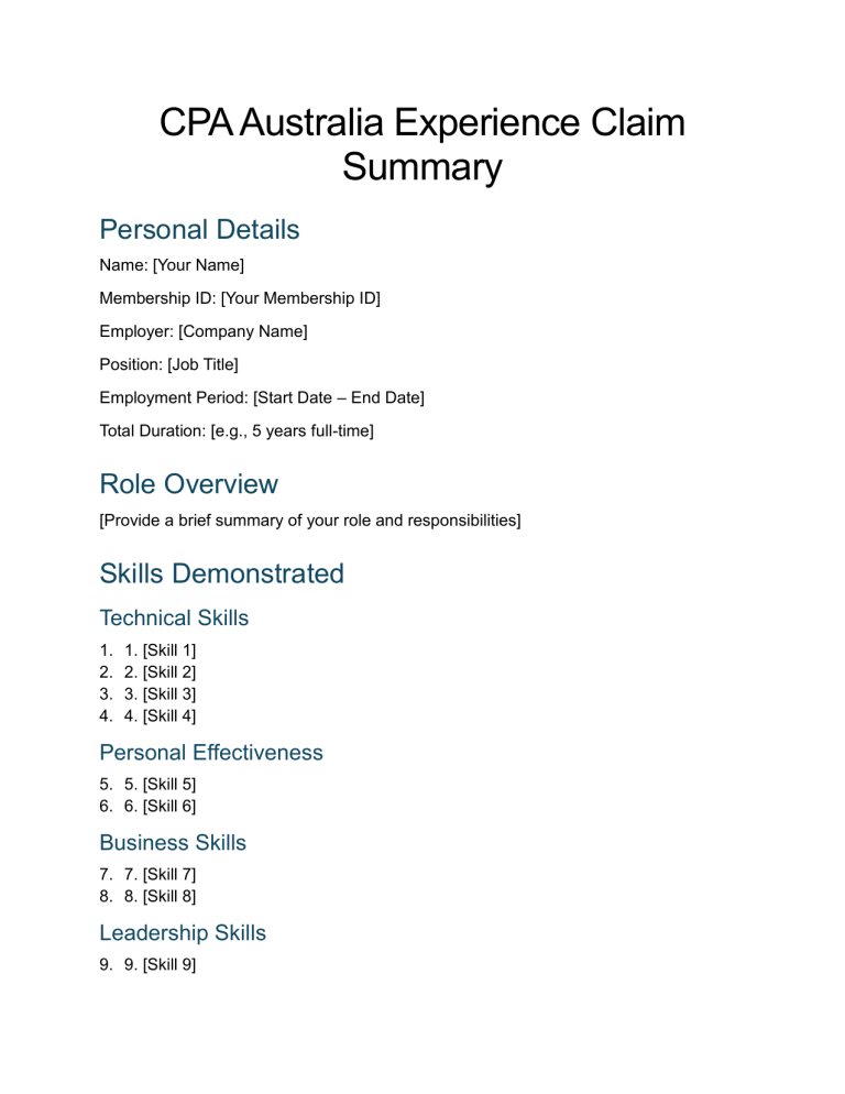 CPA Australia Experience Claim Summary Template | Professional Skills