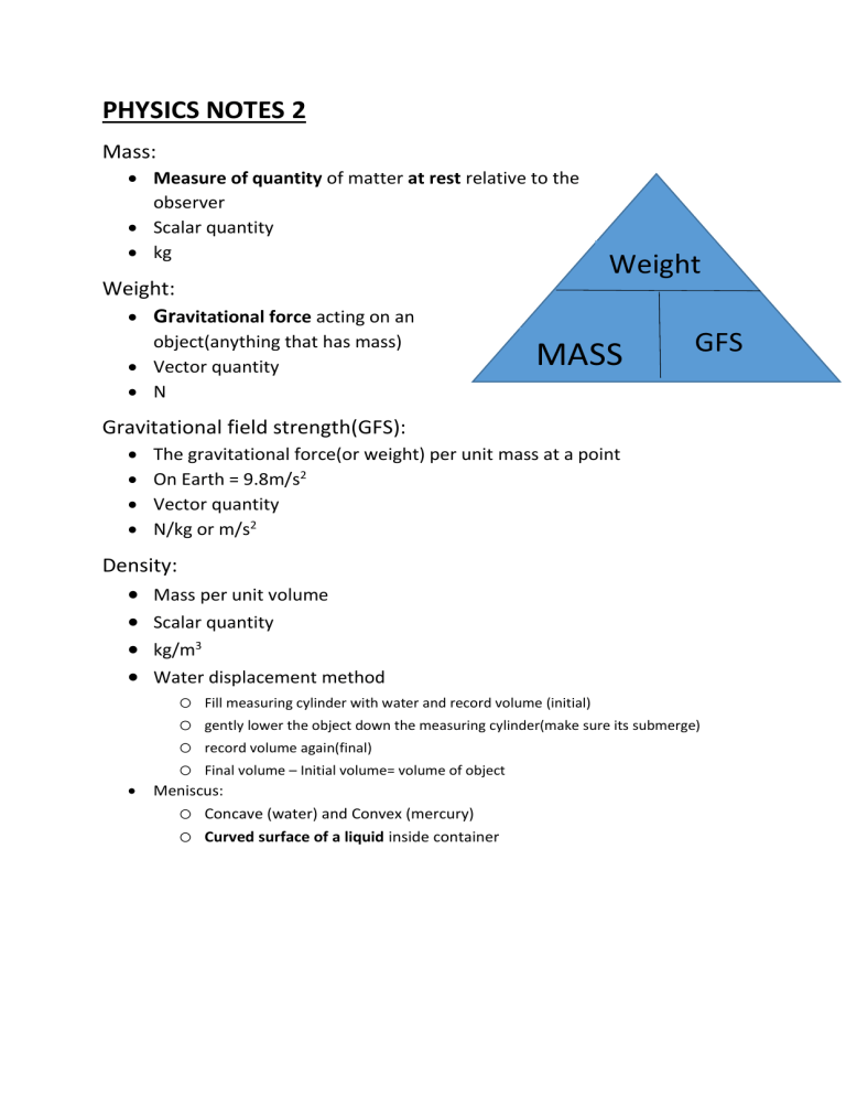 Physics Notes 2: Mass, Weight, Forces, Density & Mechanics Concepts