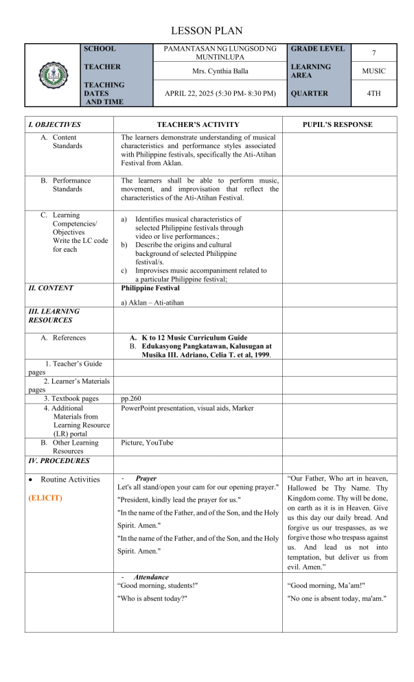Grade 7 Music Lesson Plan: Ati-Atihan Festival Characteristics & Culture