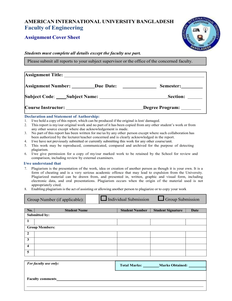 AIUB Engineering Assignment Cover Sheet | Plagiarism Declaration