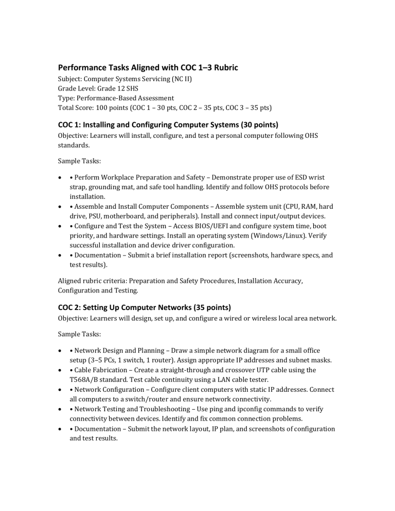 Computer Systems Servicing NC II: Performance Tasks & Rubric (COC 1-3)