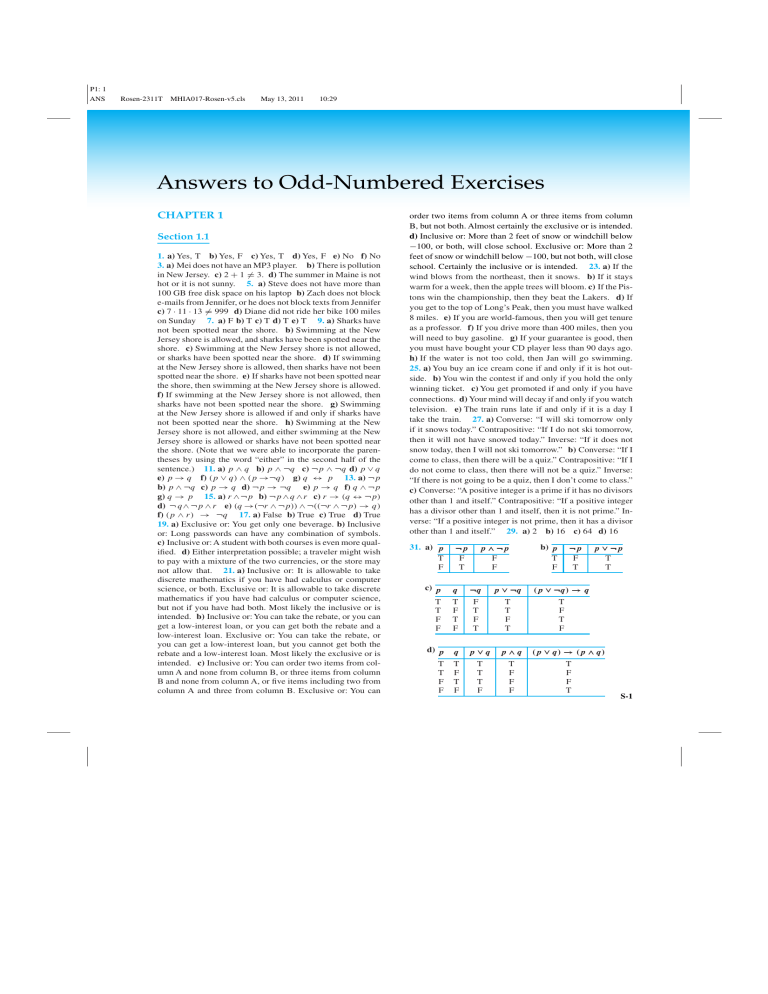 Discrete Math Chapter 1 Logic Exercises Answers - Rosen