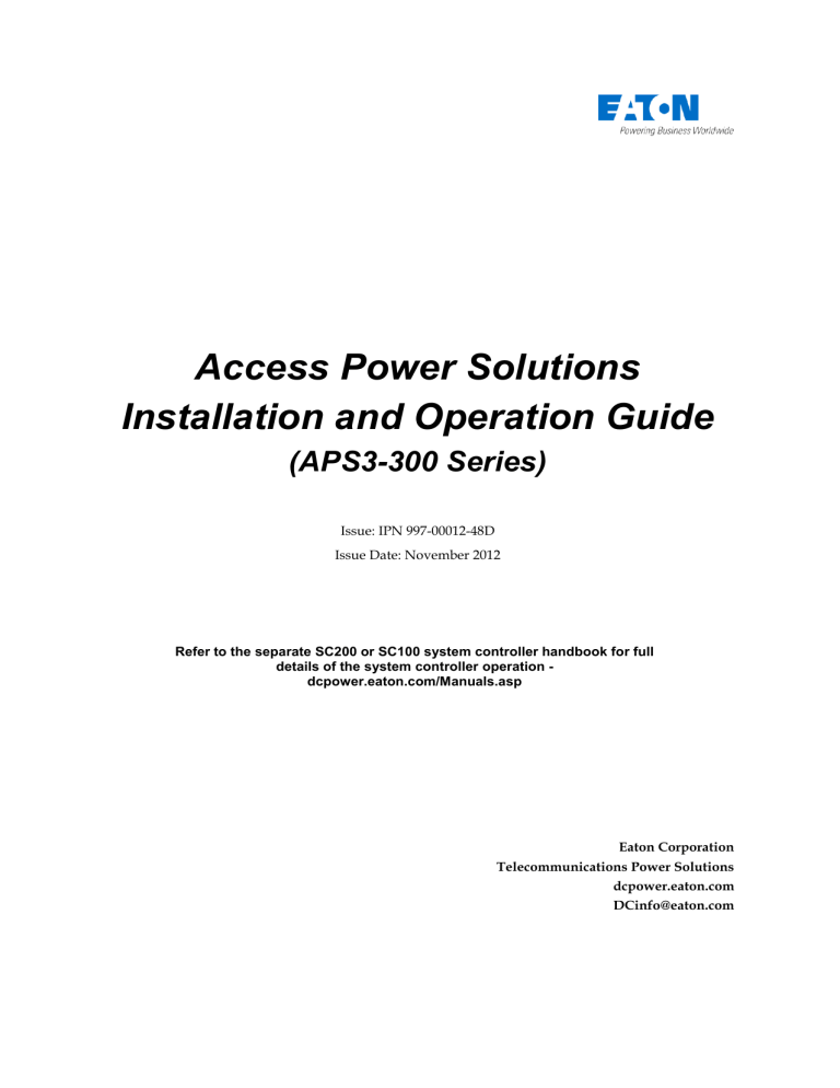 Eaton APS3-300 Series DC Power Systems: Installation & Operation Guide