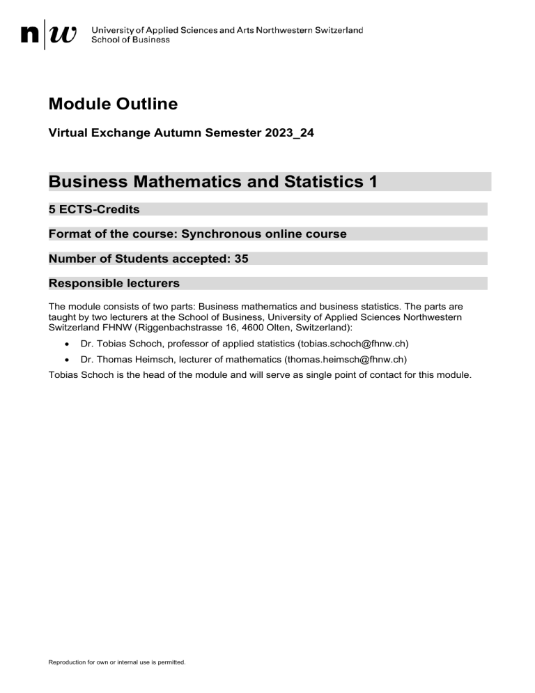 Business Mathematics & Statistics 1: FHNW University Module Outline