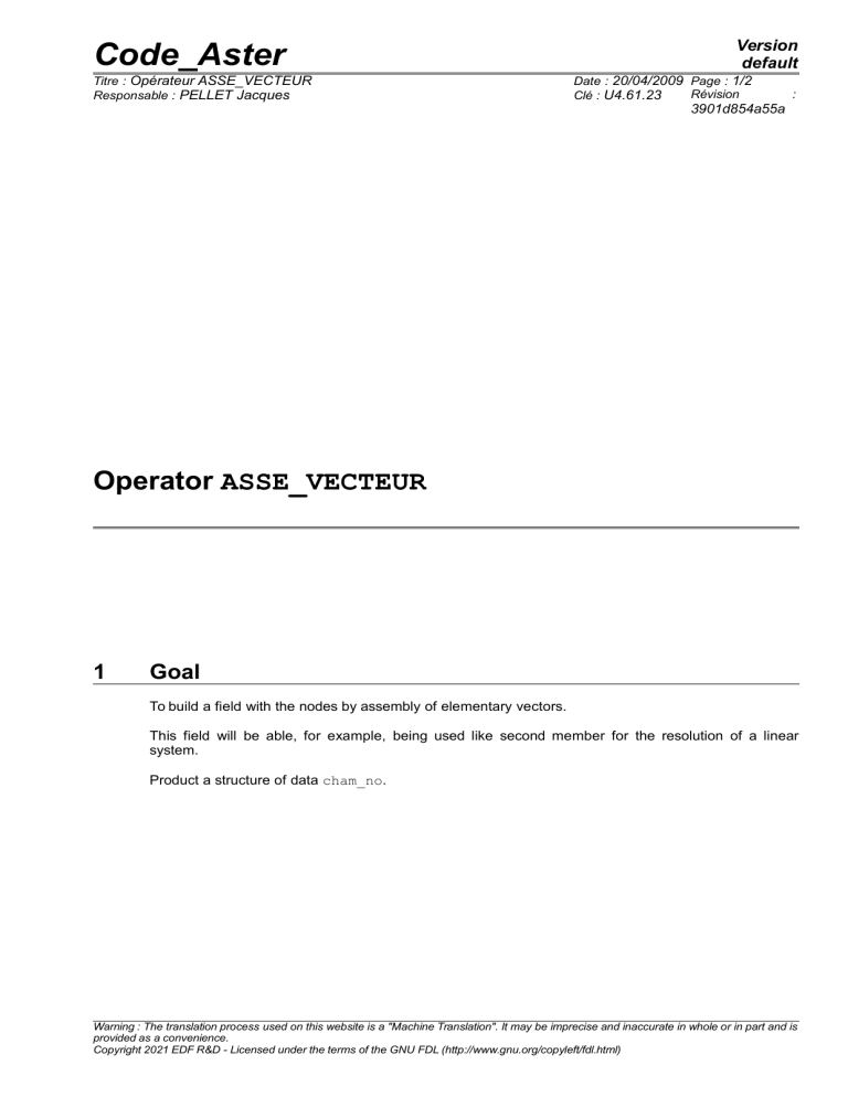 Code_Aster ASSE_VECTEUR Operator: Elementary Vector Assembly