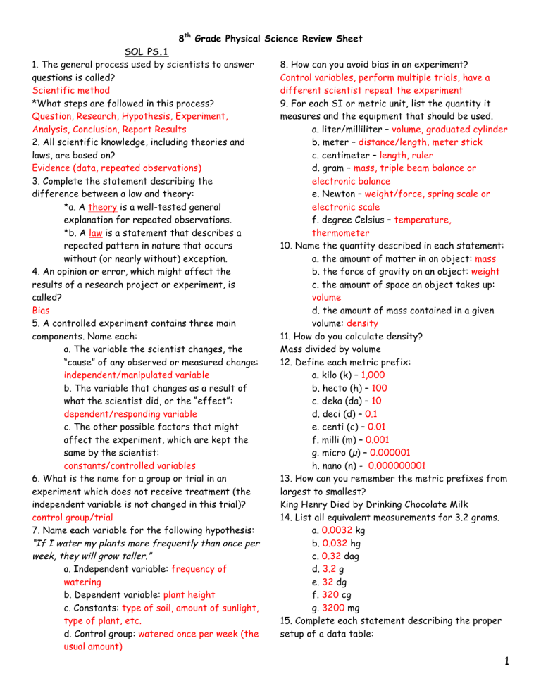 8th Grade Physical Science Review Sheet