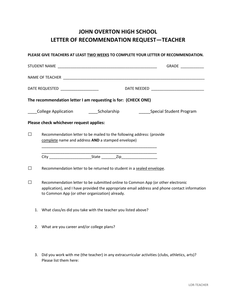 Letter of Recommendation Request Form - High School