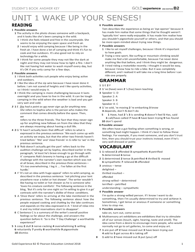 B2 English Answer Key: Wake Up Your Senses!