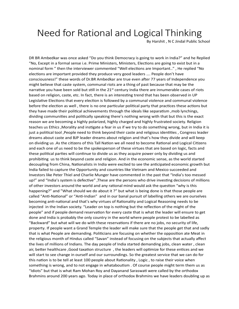 Need for Rational & Logical Thinking in India: A Student's Perspective