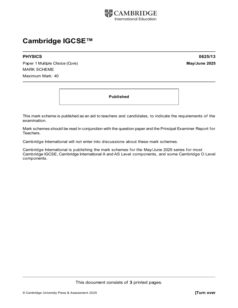Cambridge IGCSE Physics 0625/13 M/J 2025 Mark Scheme