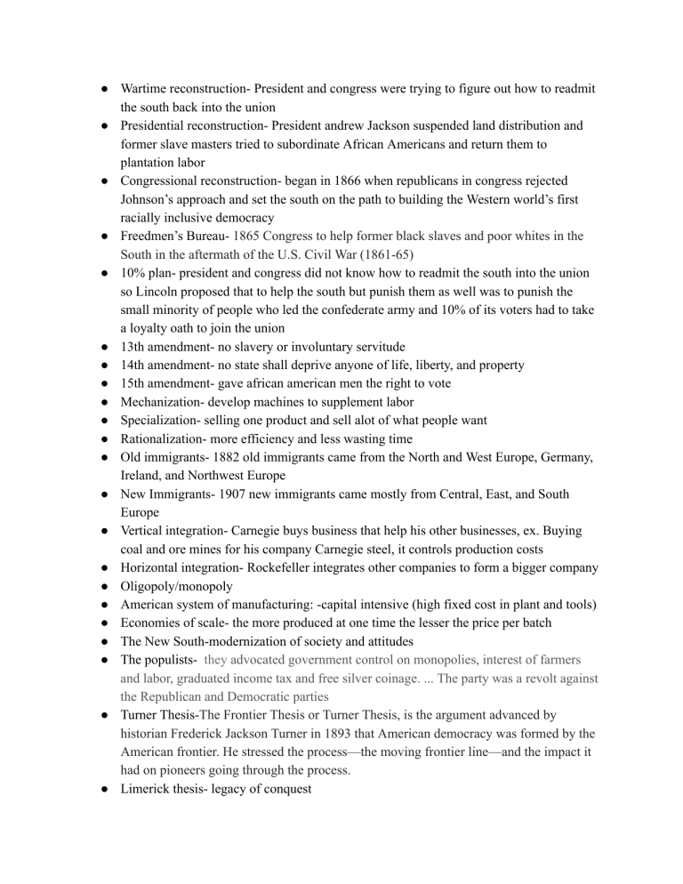 American History Key Terms: Reconstruction to Industrialization Definitions