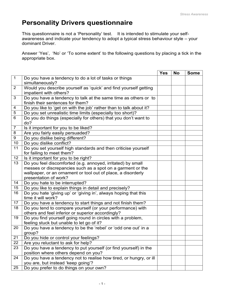 Personality Drivers Questionnaire: Stress Awareness Self-Assessment
