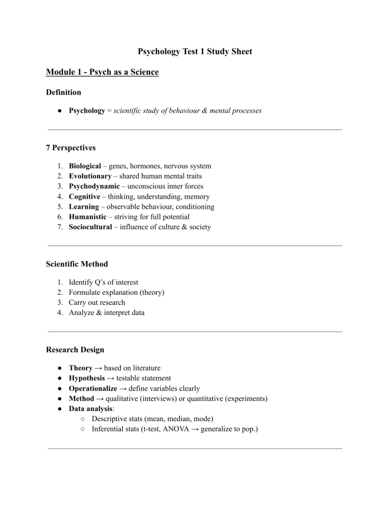 Psychology Test 1 Study Sheet: Science, Personality, Biology & Brain