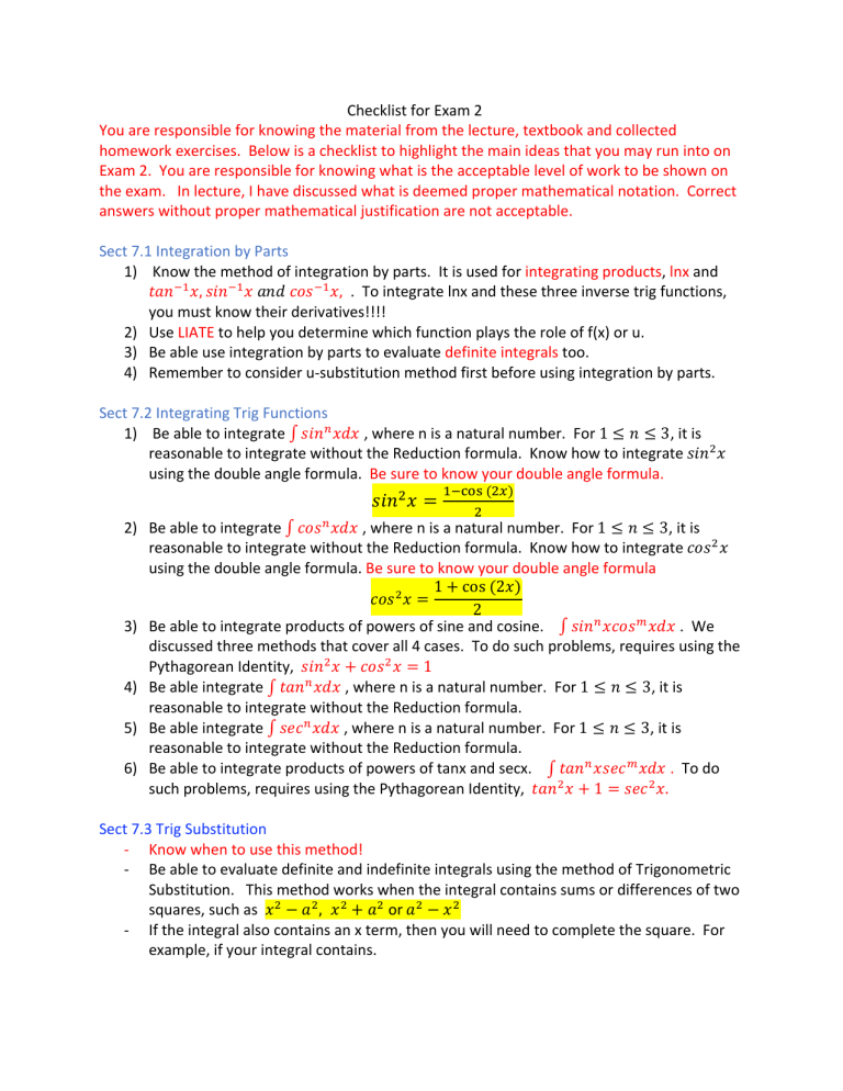 Calculus Exam 2 Checklist: Integration, Trig Sub, Partial Fractions
