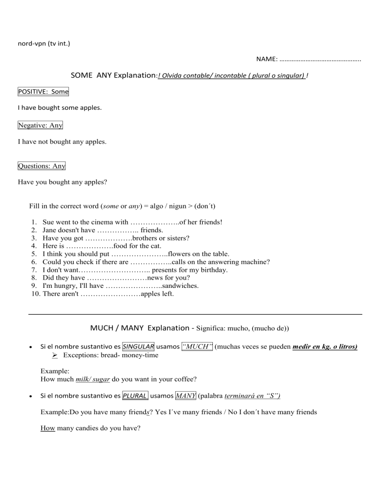 English Grammar: Some, Any, Much, Many Exercises & Explanations