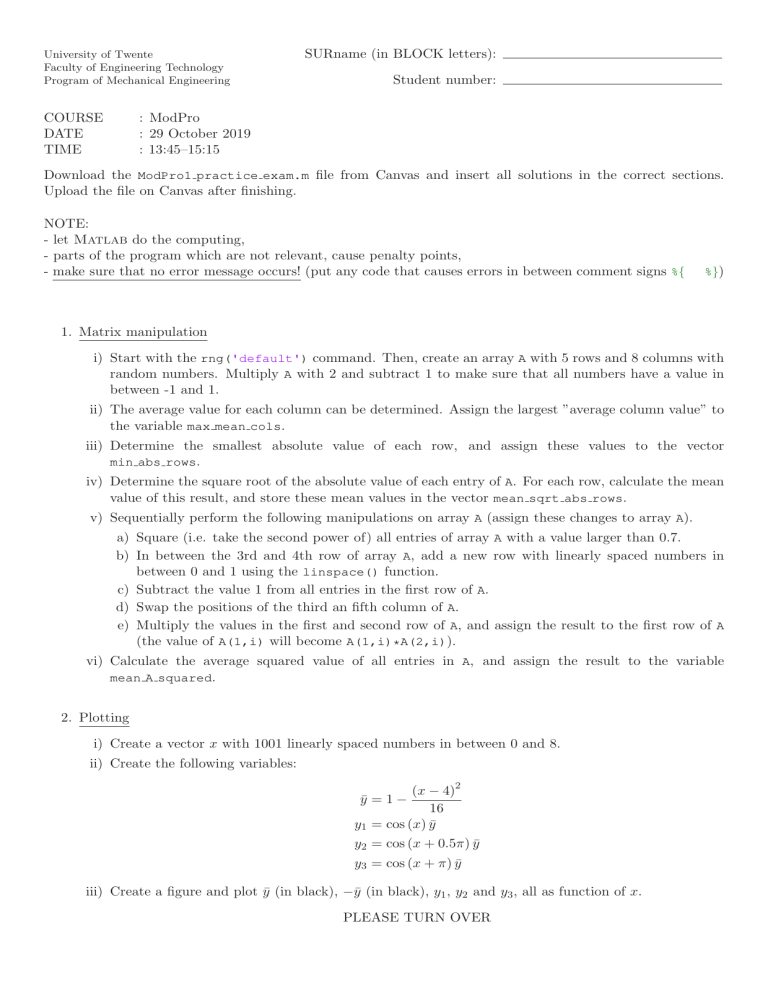 University of Twente ModPro Mechanical Engineering Practice Exam 2019