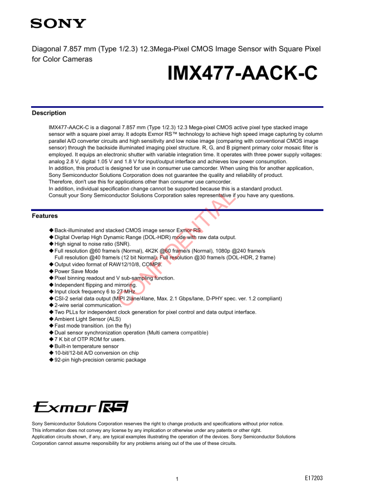 Sony IMX477-AACK-C CMOS Image Sensor Datasheet | 12.3MP Type 1/2.3