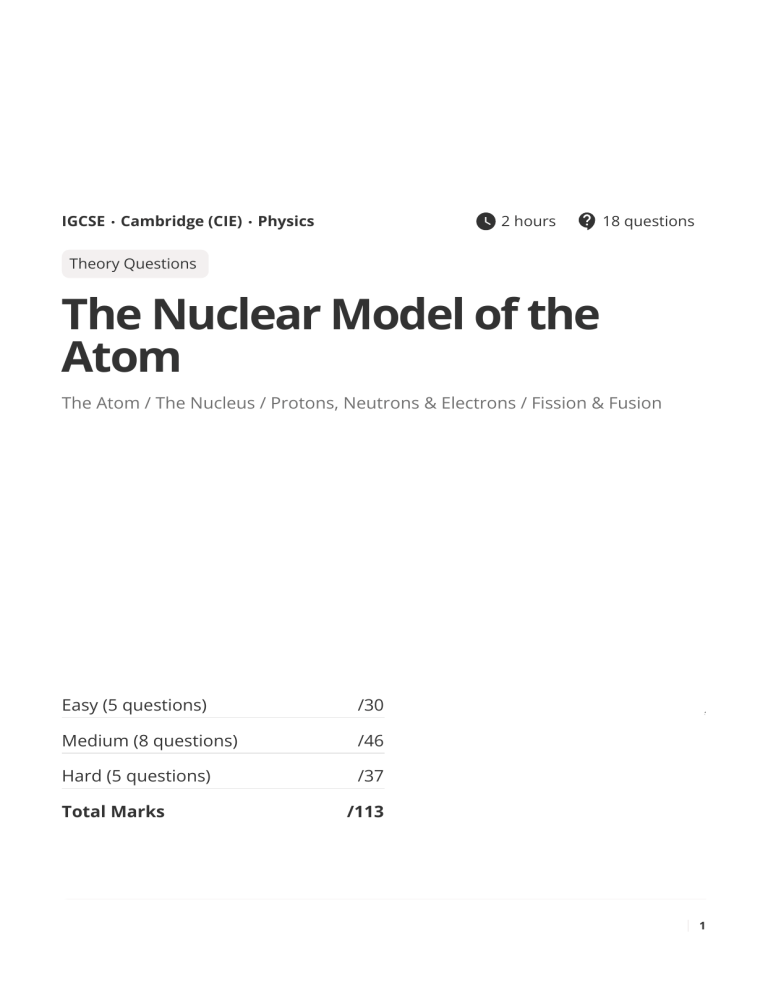 IGCSE Physics: Nuclear Model of the Atom Exam