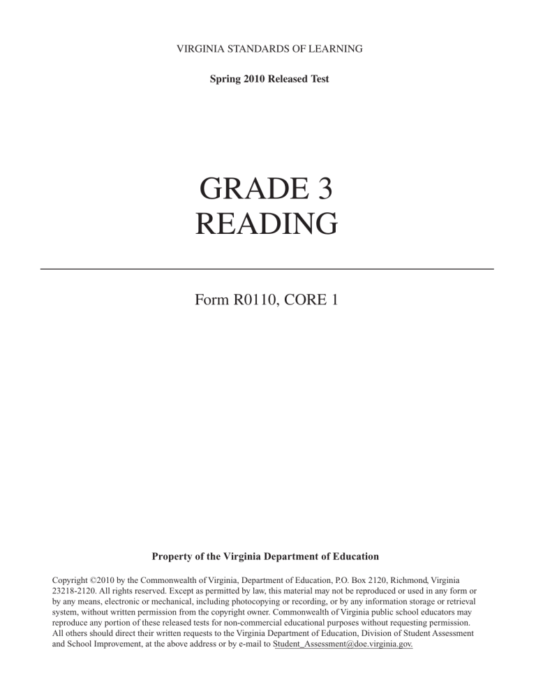 Grade 3 Reading Test - Virginia Standards of Learning