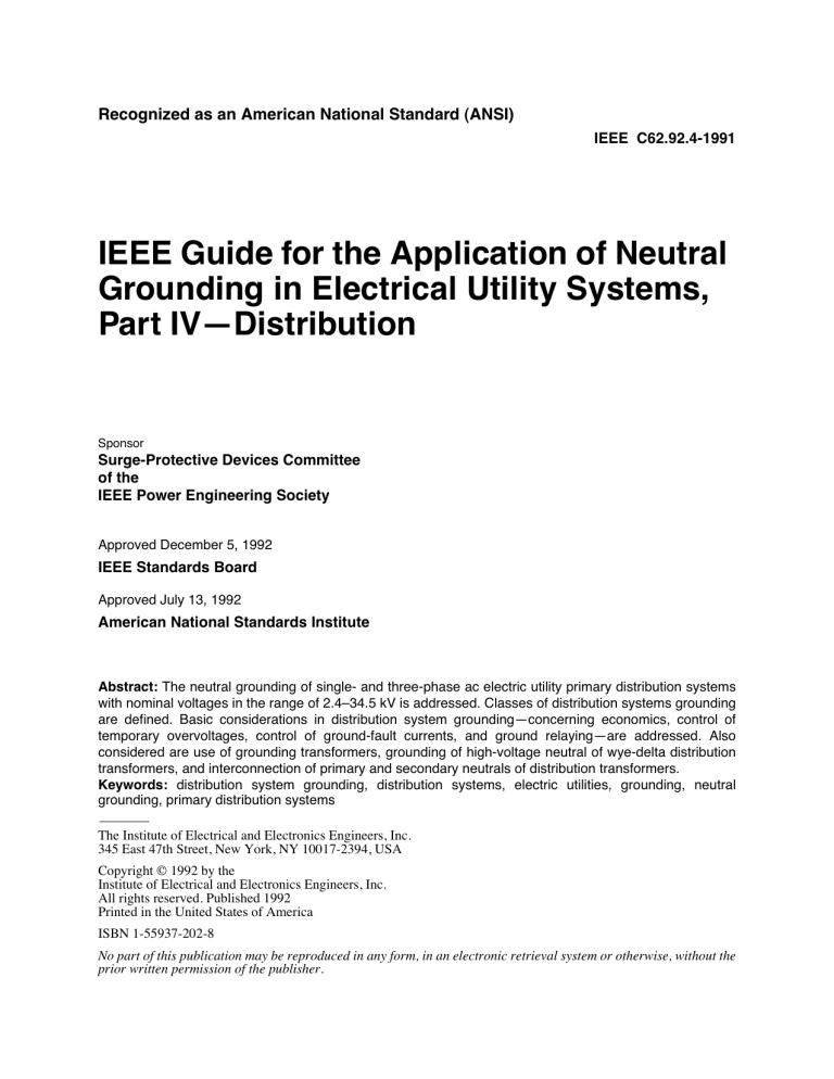 IEEE Guide: Neutral Grounding in Electrical Utility Systems
