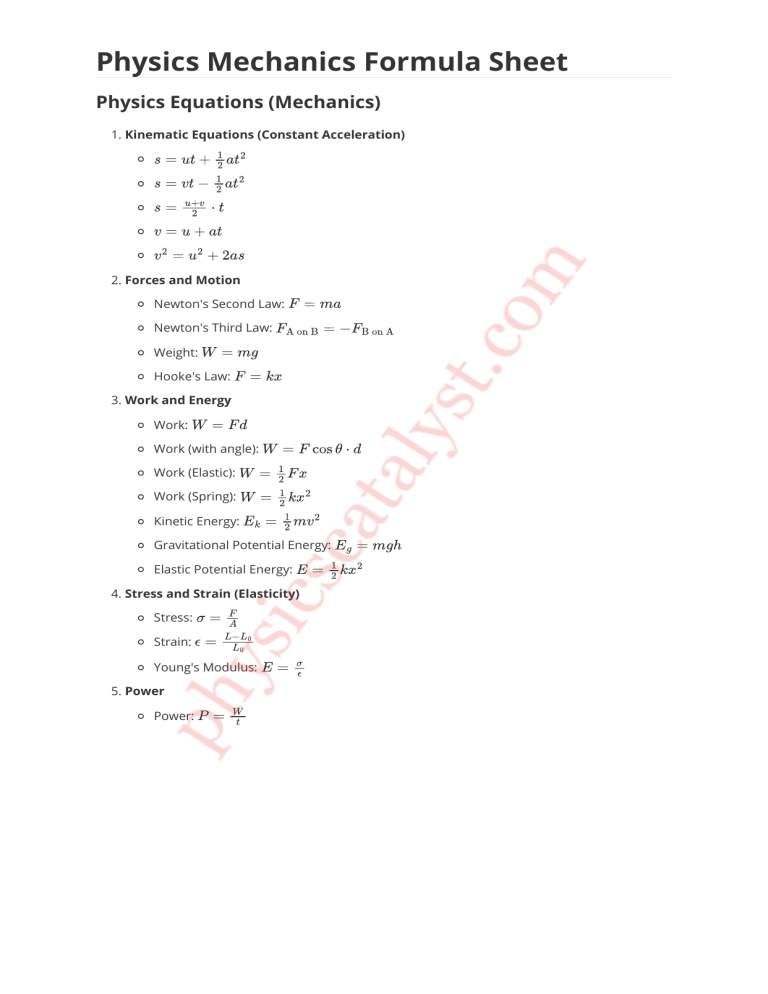 Physics Mechanics Formula Sheet | Kinematics, Forces, Energy