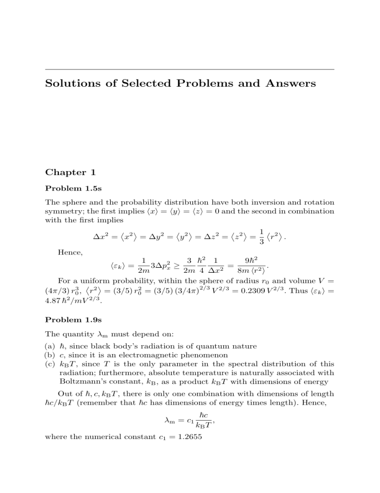Physics Problem Solutions: Quantum Mechanics