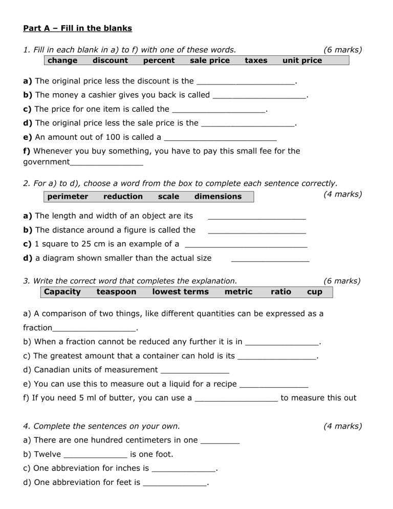 Mathematics Worksheet: Consumer Math, Measurement & Ratios