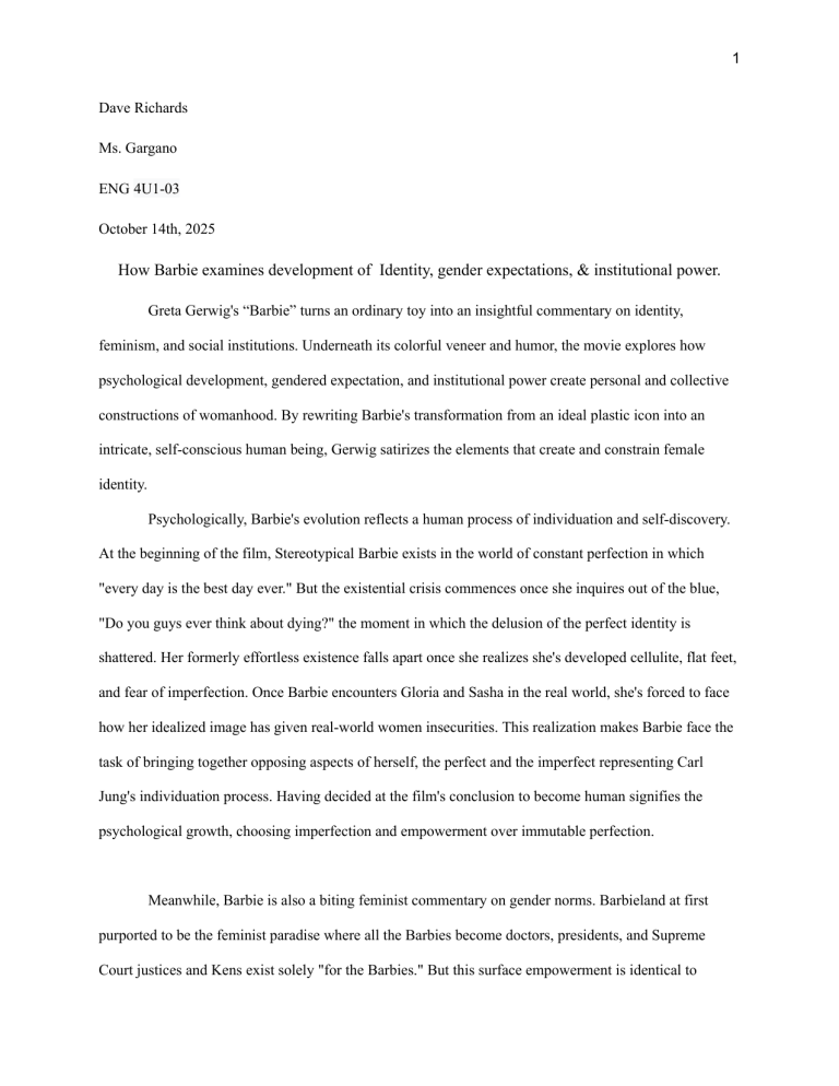 Barbie Movie: Identity, Gender Expectations & Institutional Power Analysis