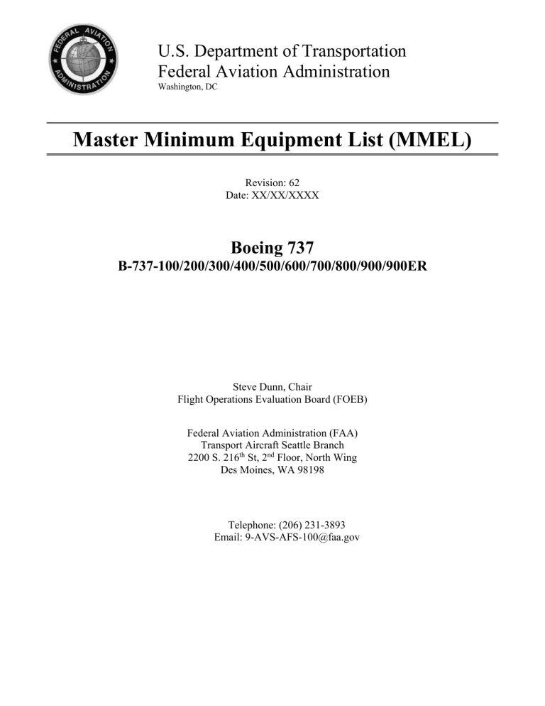 FAA Master Minimum Equipment List (MMEL) Revision 62 - Boeing 737