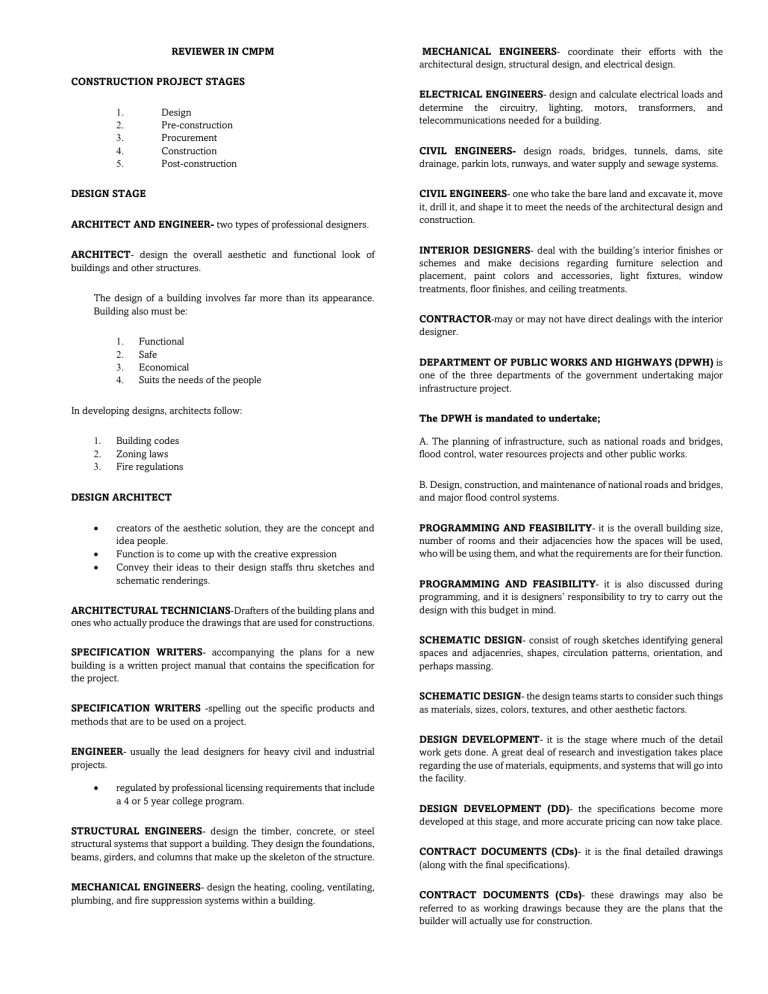 CMPM Reviewer: Construction Project Stages & Design